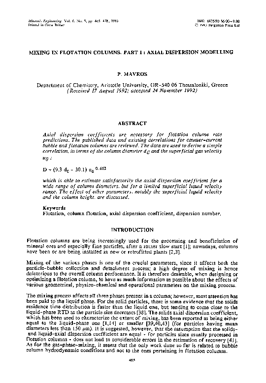 (PDF) Mixing in flotation columns. Part I: Axial dispersion modelling