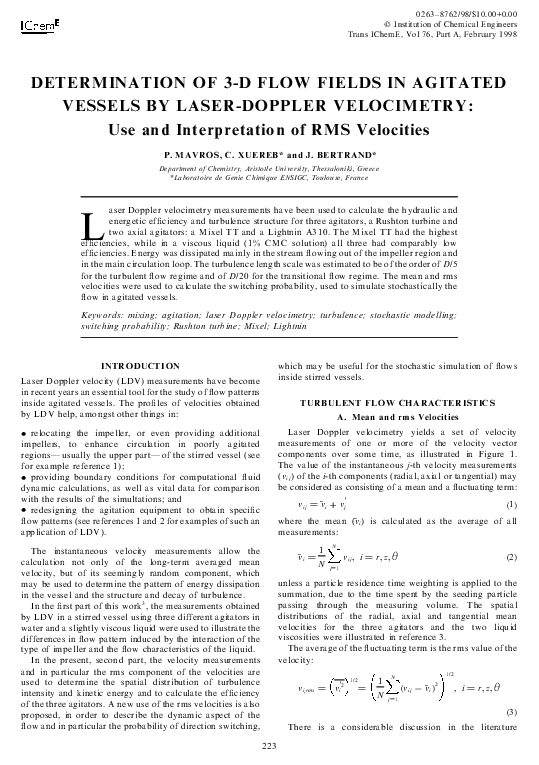 (PDF) Determination of 3-D flow fields in agitated vessels by laser ...
