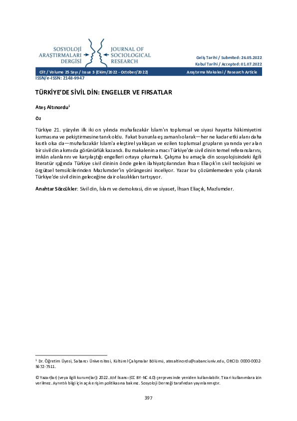 (PDF) Türkiye'de Sivil Din: Engeller ve Fırsatlar