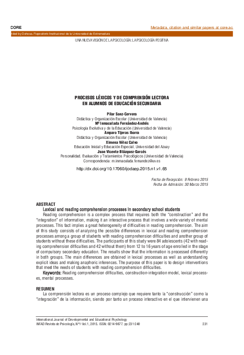 (PDF) Lexical and reading comprehension processes in Secondary School students