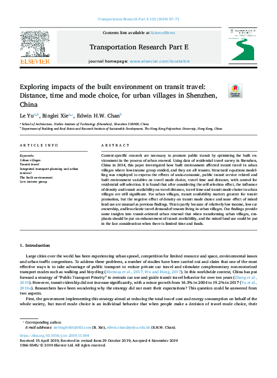 (PDF) Exploring impacts of the built environment on transit travel ...