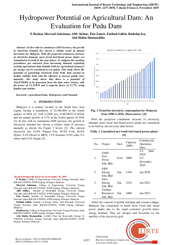 (PDF) Hydropower Potential on Agricultural Dam: An Evaluation for Pedu Dam