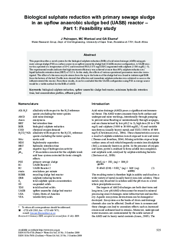 (PDF) Biological sulphate reduction with primary sewage sludge in an upflow anaerobic sludge bed ...