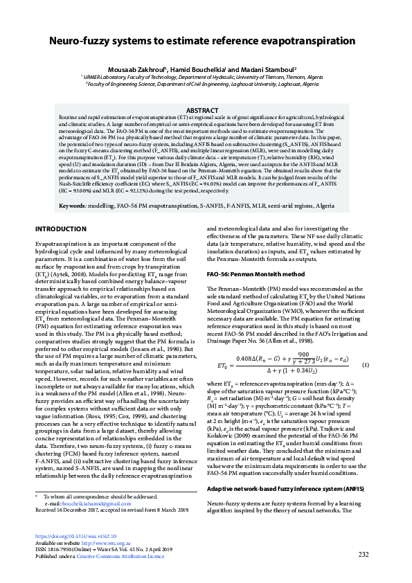 (PDF) Neuro-fuzzy systems to estimate reference evapotranspiration | mousaab zakhrouf - Academia.edu