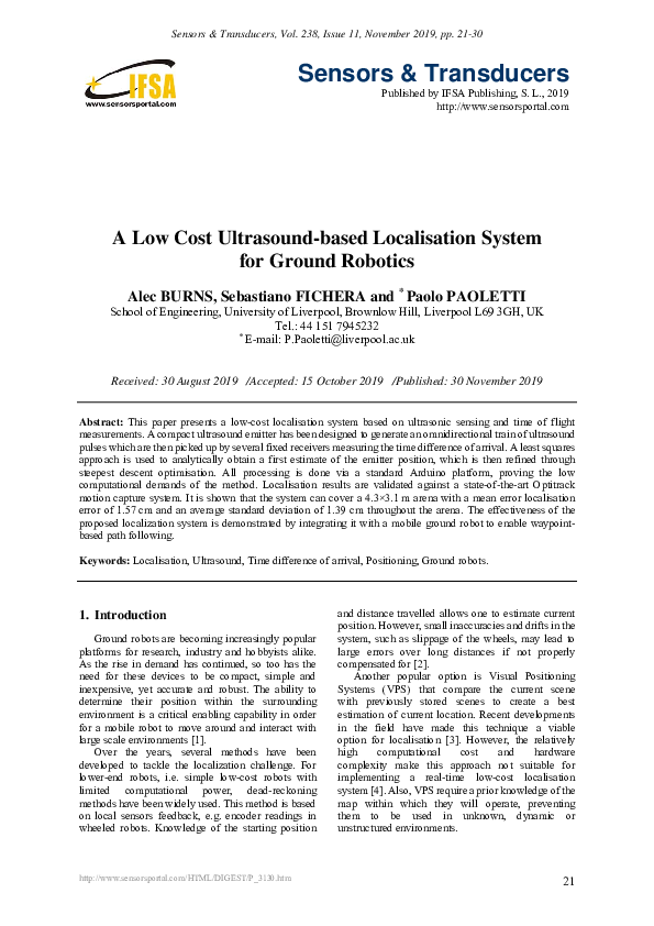 (PDF) A Low Cost Ultrasound-based Localisation System for Ground Robotics