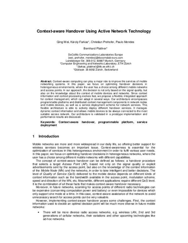 Pdf Context Aware Handover Using Active Network Technology