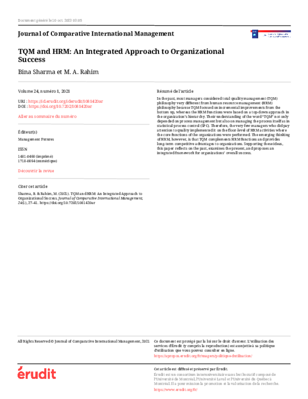 (PDF) TQM and HRM: An Integrated Approach to Organizational Success