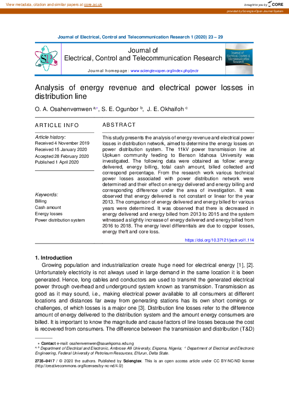 Pdf Analysis Of Energy Revenue And Electrical Power Losses In Distribution Line
