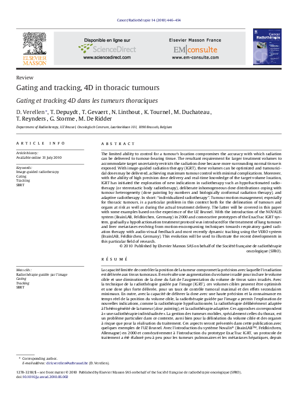 (PDF) Gating and tracking, 4D in thoracic tumours | Nadine Linthout ...