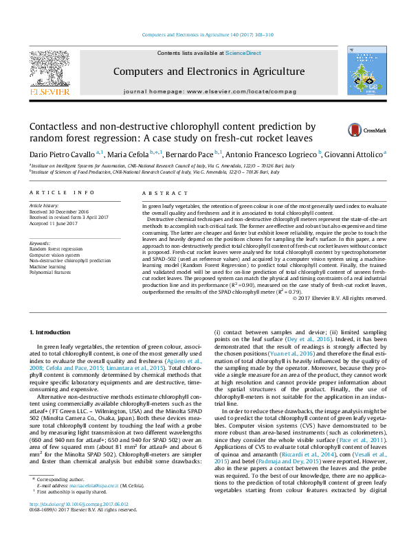 (PDF) Contactless and non-destructive chlorophyll content prediction by random forest regression ...