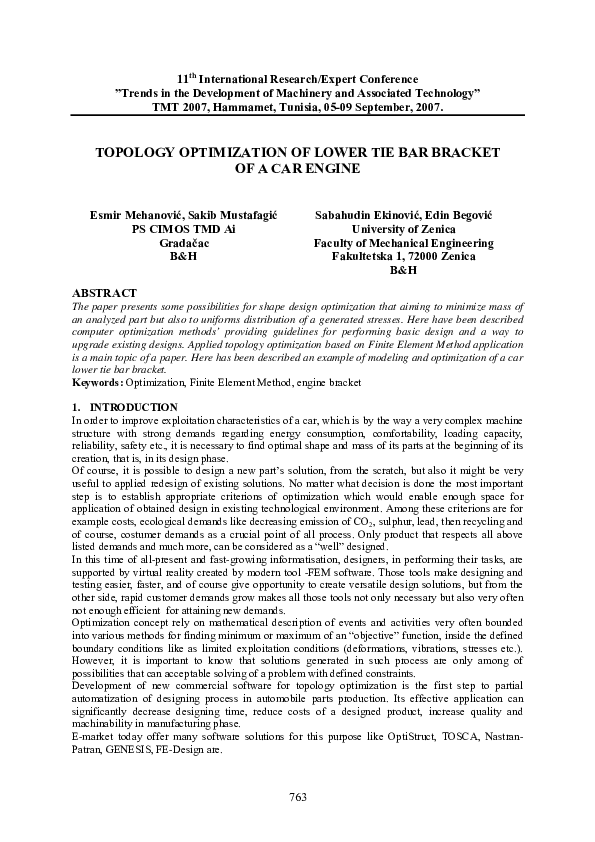 (PDF) Topology Optimization of Lower Tie Bar Bracket of a Car Engine