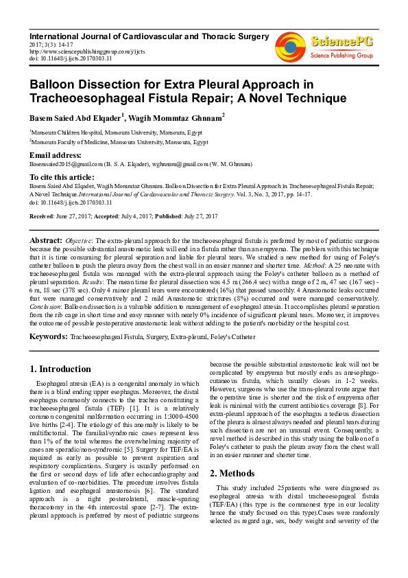 (PDF) Balloon Dissection for Extra Pleural Approach in ...
