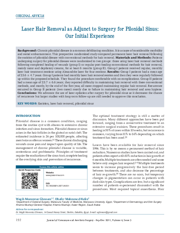 (PDF) Laser hair removal as adjunct to surgery for pilonidal sinus: Our ...