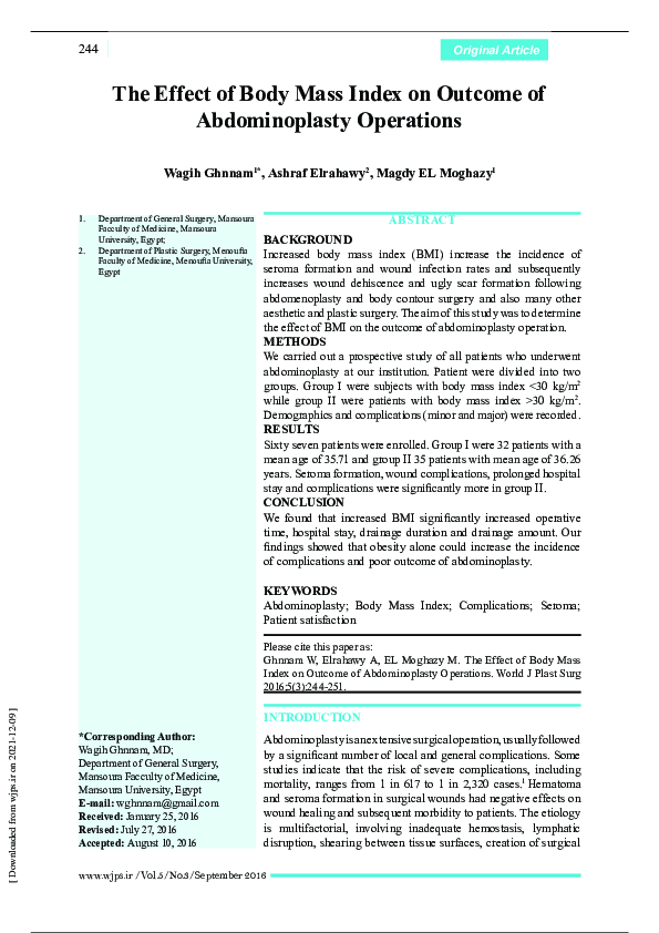 (PDF) The Effect of Body Mass Index on Outcome of Abdominoplasty Operations