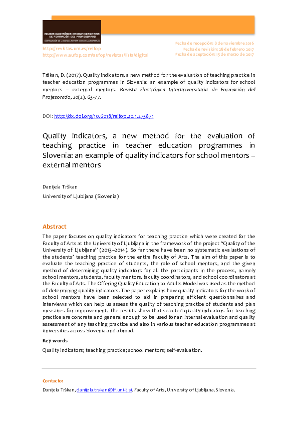 Pdf Quality Indicators A New Method For Evaluation Of Teaching