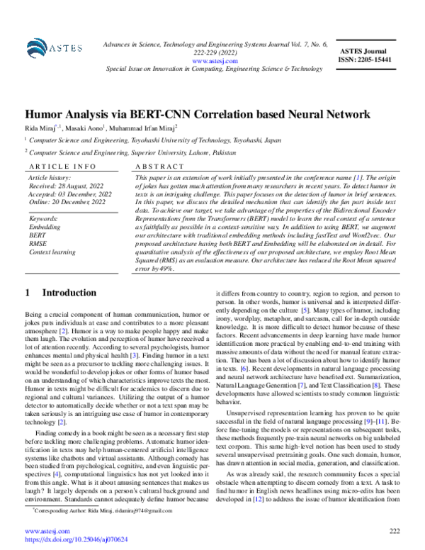 (PDF) Humor Analysis via BERT-CNN Correlation based Neural Network