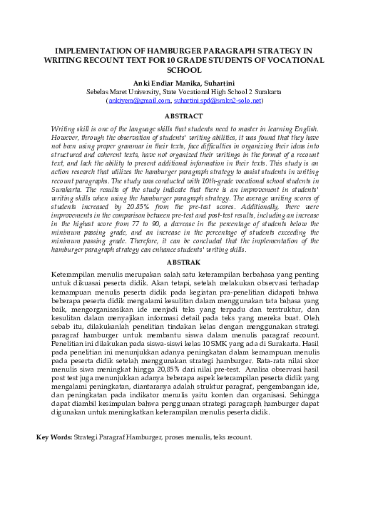 (DOC) IMPLEMENTATION OF HAMBURGER PARAGRAPH STRATEGY IN WRITING RECOUNT ...