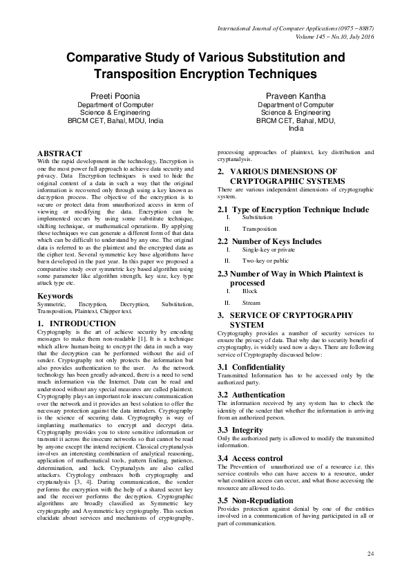 (PDF) Comparative Study of Various Substitution and Transposition ...