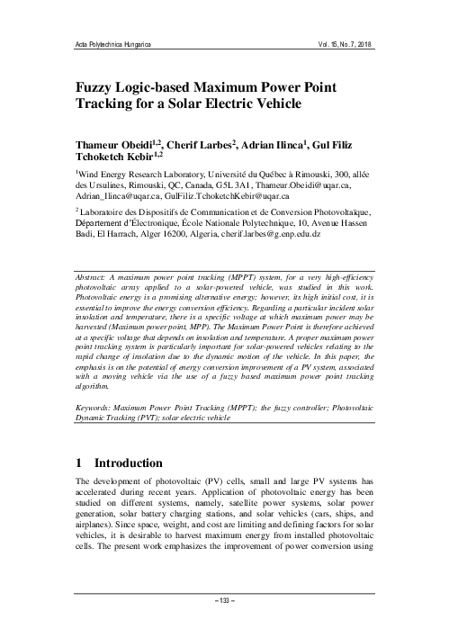 Pdf Fuzzy Logic Based Maximum Power Point Tracking For A Solar Electric Vehicle Cherif