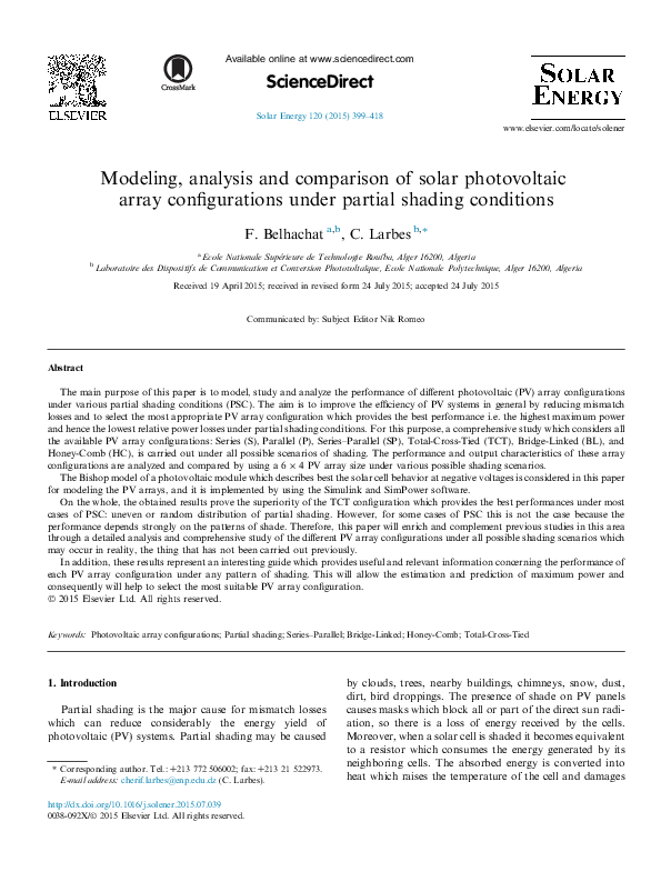 (PDF) Modeling, analysis and comparison of solar photovoltaic array configurations under partial ...
