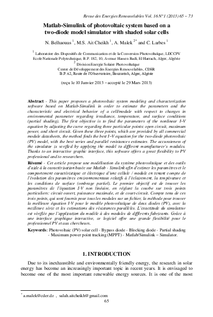 (PDF) Matlab-Simulink of photovoltaic system based on a two-diode model simulator with shaded ...