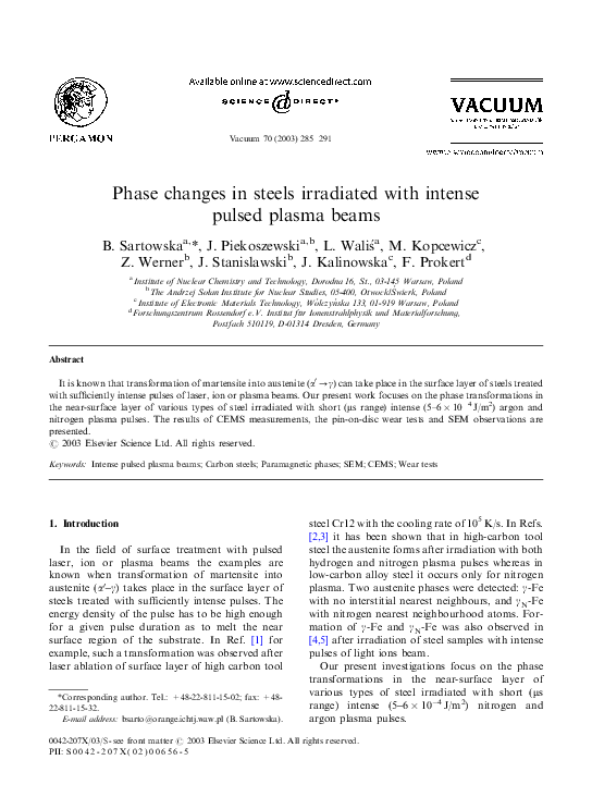 (PDF) Phase changes in steels irradiated with intense pulsed plasma beams