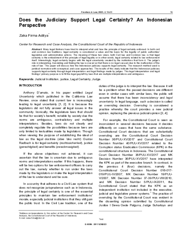 (PDF) Does the Judiciary Support Legal Certainty? An Indonesian Perspective