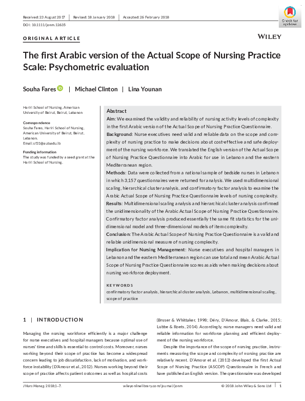 (PDF) The first Arabic version of the Actual Scope of Nursing Practice Scale: Psychometric ...