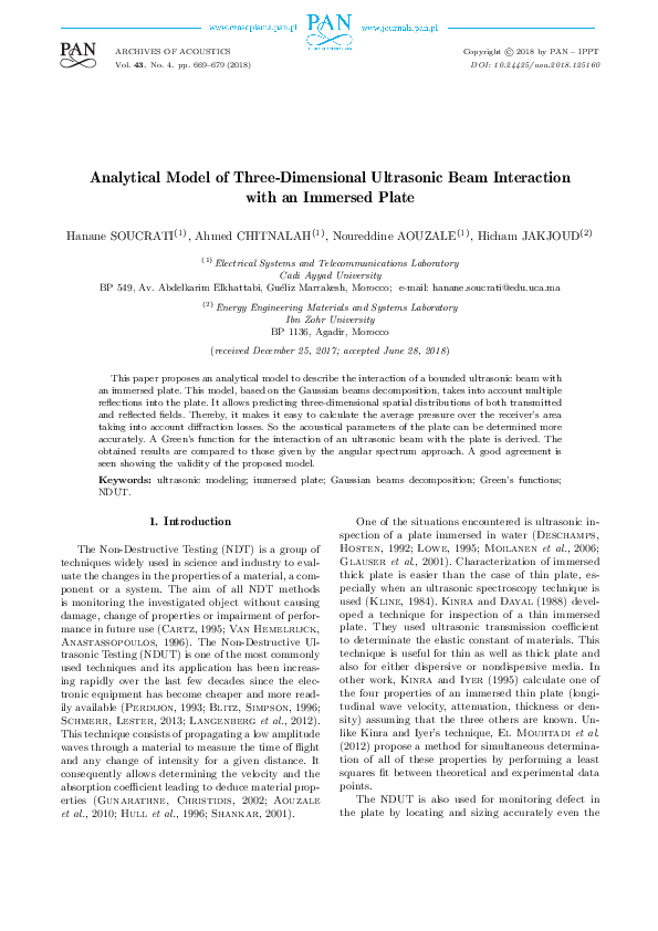 (PDF) Analytical Model of Three-Dimensional Ultrasonic Beam Interaction with an Immersed Plate
