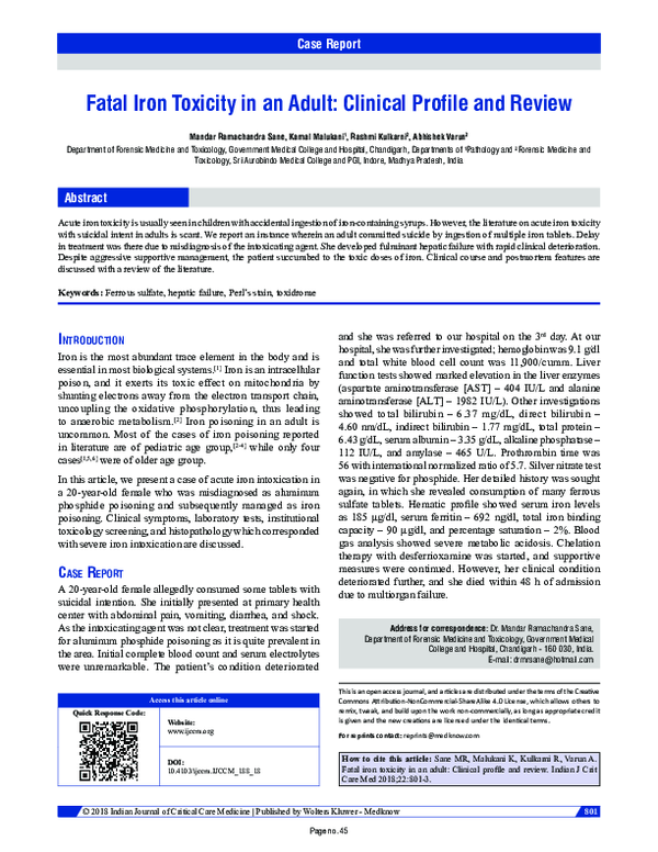(PDF) Fatal iron toxicity in an adult: Clinical profile and review