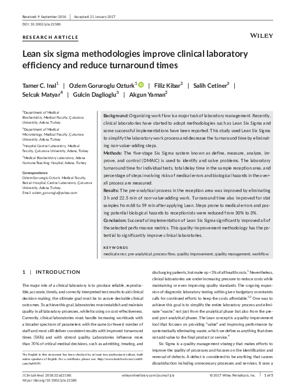 (PDF) Lean six sigma methodologies improve clinical laboratory efficiency and reduce turnaround ...