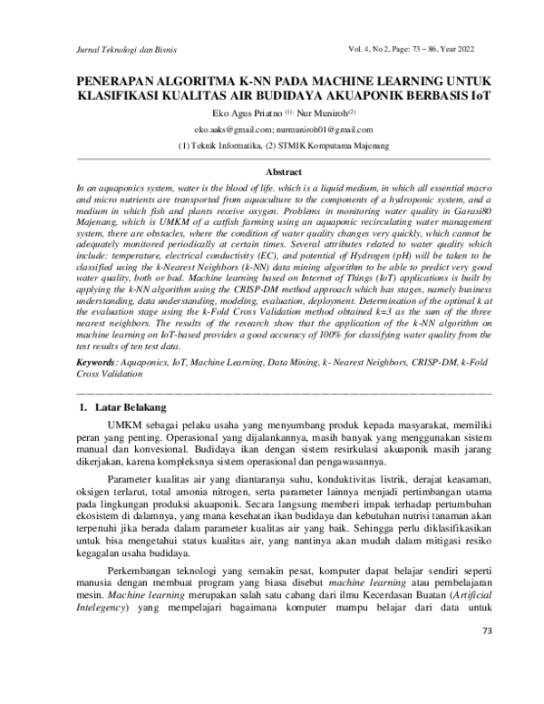 (PDF) PENERAPAN ALGORITMA K-NN PADA MACHINE LEARNING UNTUK KLASIFIKASI KUALITAS AIR BUDIDAYA ...
