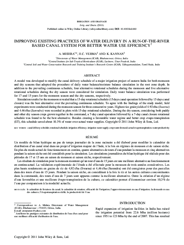 (PDF) Improving Existing Practices of Water Delivery in a Run-Of-The ...