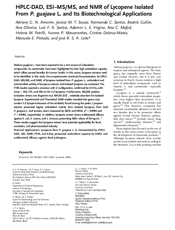 (PDF) HPLC‐DAD, ESI–MS/MS, and NMR of Lycopene Isolated From P. guajava L. and Its ...