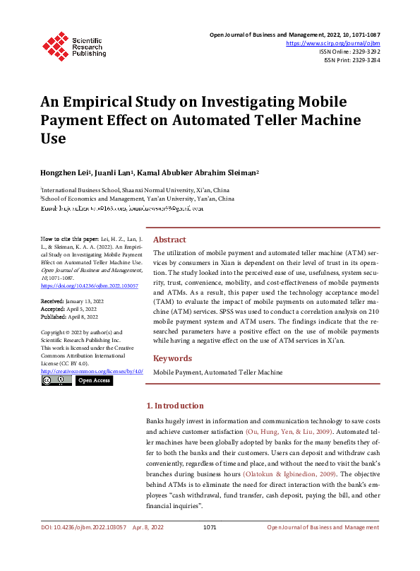 (PDF) An Empirical Study on Investigating Mobile Payment Effect on Automated Teller Machine Use