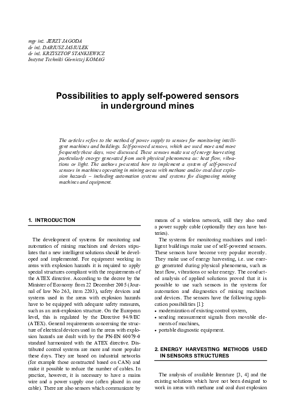 (PDF) Possibilities to apply self-powered sensors in underground mines