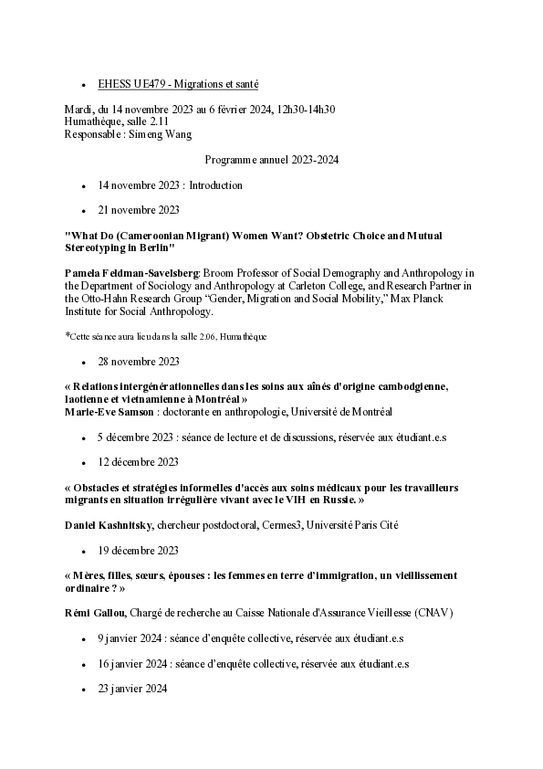 (PDF) 2023-2024 Programme Séminaire EHESS UE49 Migrations & Santé [Annual Program Seminar ...