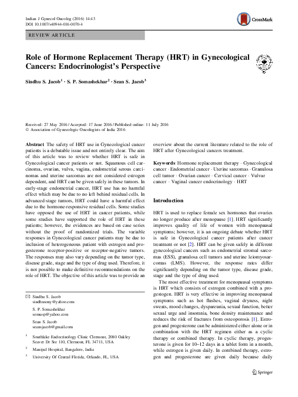 (PDF) Role of Hormone Replacement Therapy (HRT) in Gynecological ...