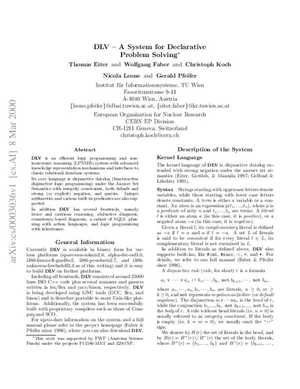 (PDF) DLV - A System for Declarative Problem Solving | Gerald Pfeifer - Academia.edu