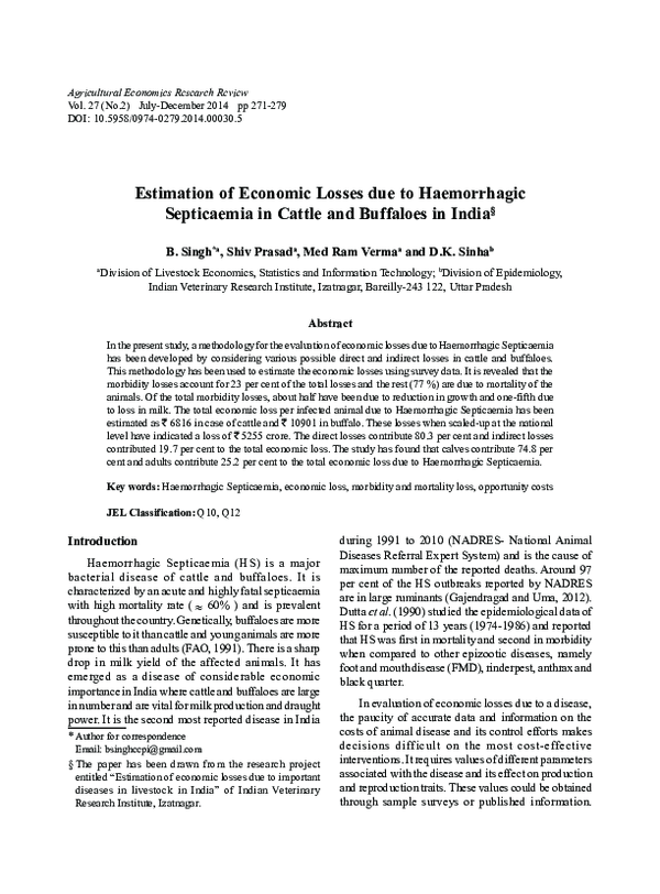 (PDF) Estimation of Economic Losses due to Haemorrhagic Septicaemia in ...