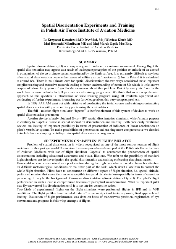 (PDF) Spatial Disorientation Experiments and Training in Polish Air Force Institute of Aviation ...