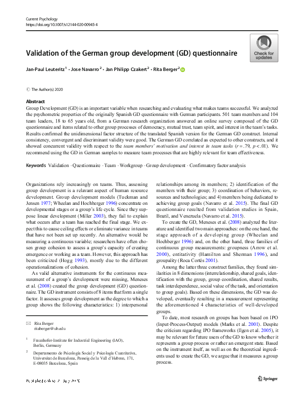 (PDF) Validation of the German group development (GD) questionnaire ...