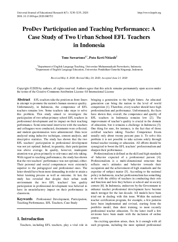 (PDF) ProDev Participation and Teaching Performance: A Case Study of Two Urban School EFL ...