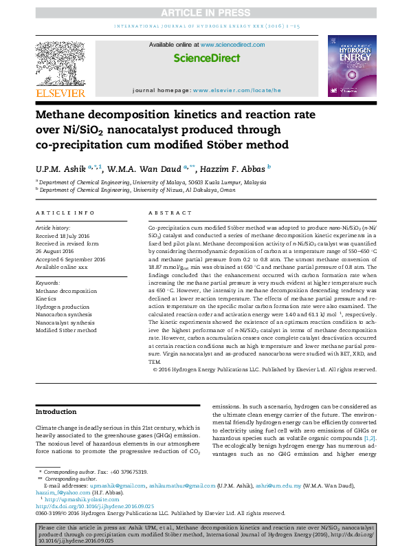 (PDF) Methane decomposition kinetics and reaction rate over Ni/SiO2 nanocatalyst produced ...