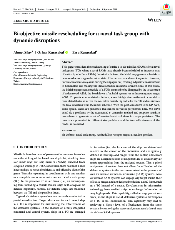 (PDF) Bi‐objective missile rescheduling for a naval task group with dynamic disruptions