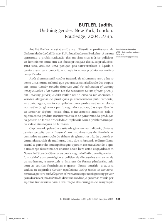 (PDF) BUTLER, Judith. Undoing gender. New York; London: Routledge, 2004 ...