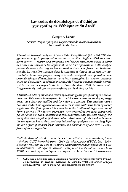 (PDF) Les codes de déontologie et d'ethique aux confins de l'éthique et du droit
