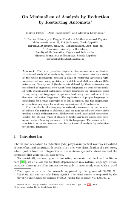 (PDF) On Minimalism of Analysis by Reduction by Restarting Automata