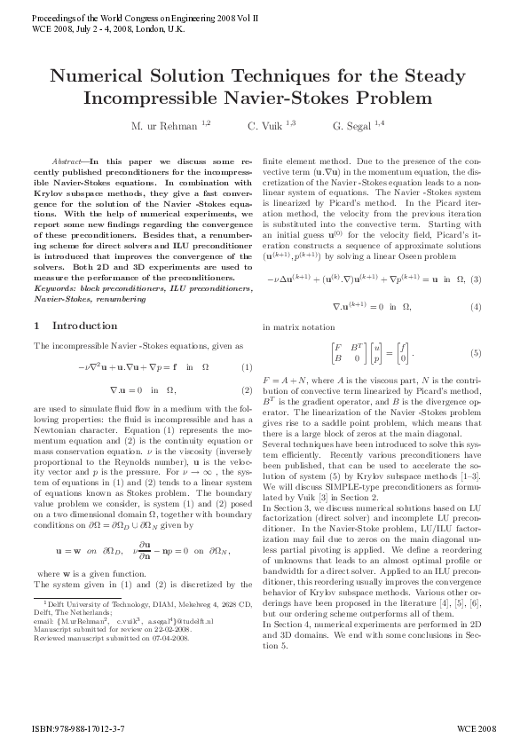 (PDF) Numerical Solution Techniques for the Steady Incompressible ...