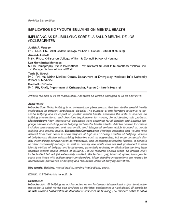 (PDF) Implications of Youth Bullying on Mental Health